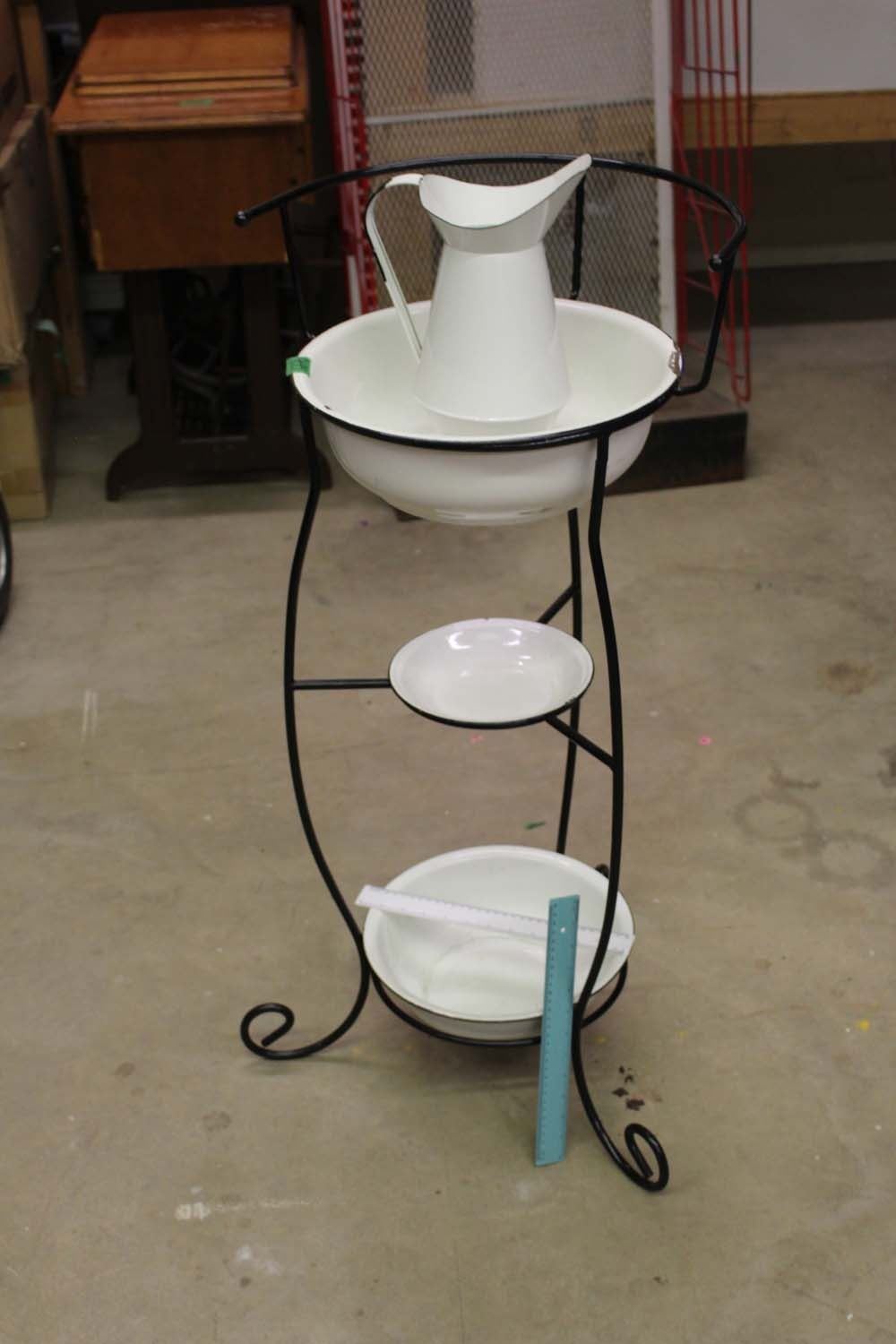 Vintage Wash Stand- Metal Frame w/Enamel Buckets & Water Pitcher
