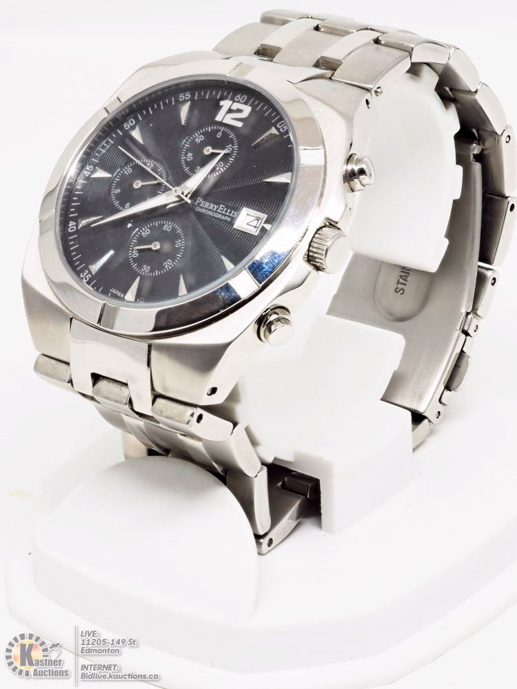 8)PERRY ELLIS SS STRAP BLK CHRONOGRAPH DIAL WATCH