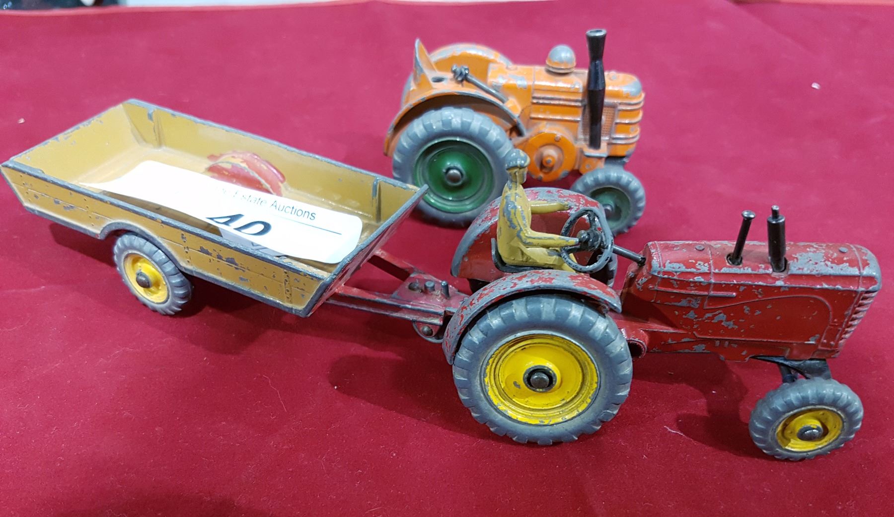 TWO VINTAGE DINKEY TOYS DIE CAST FARM TRACTORS & TRAILER