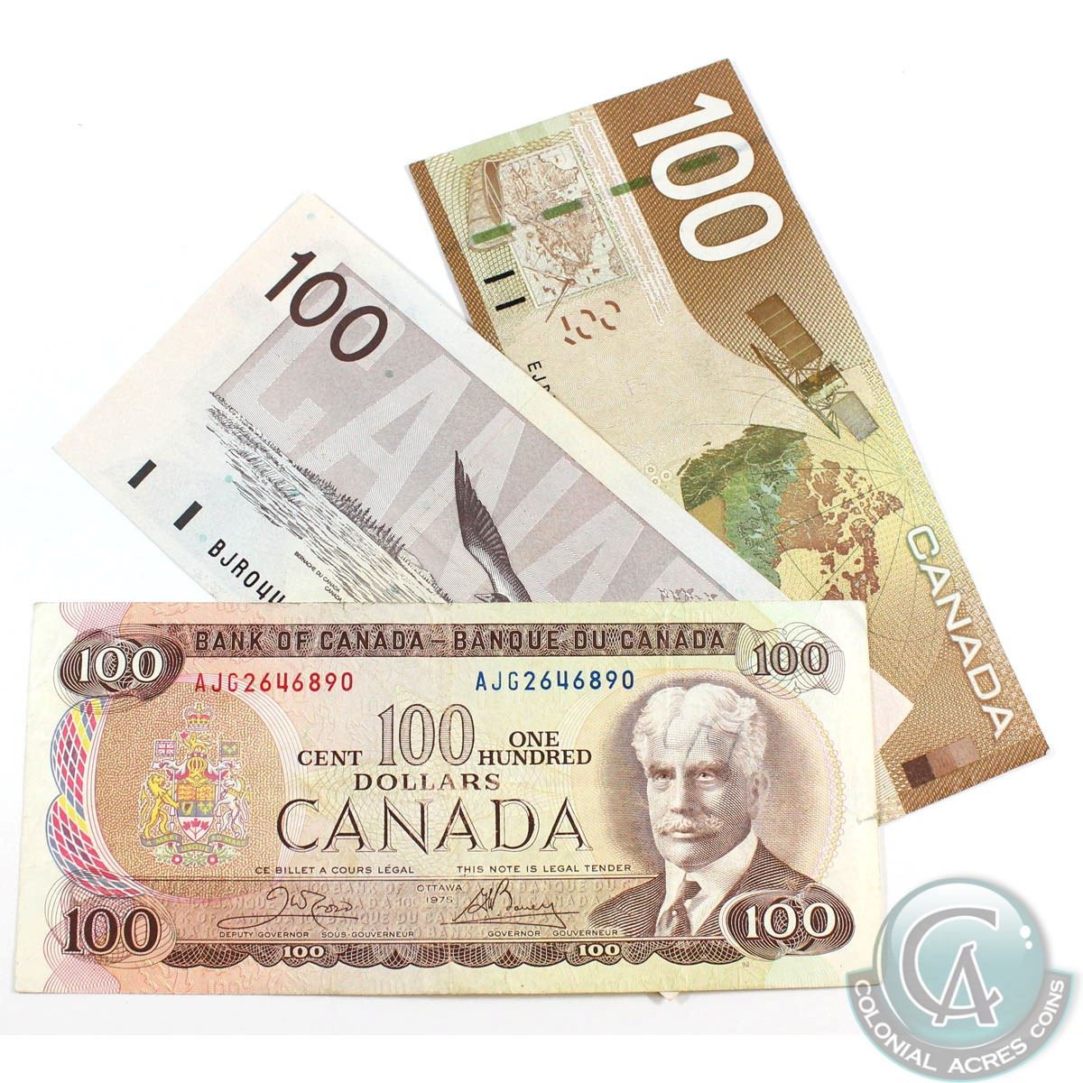 Run of three $100.00 Notes from the Bank of Canada spanning from 1975 ...