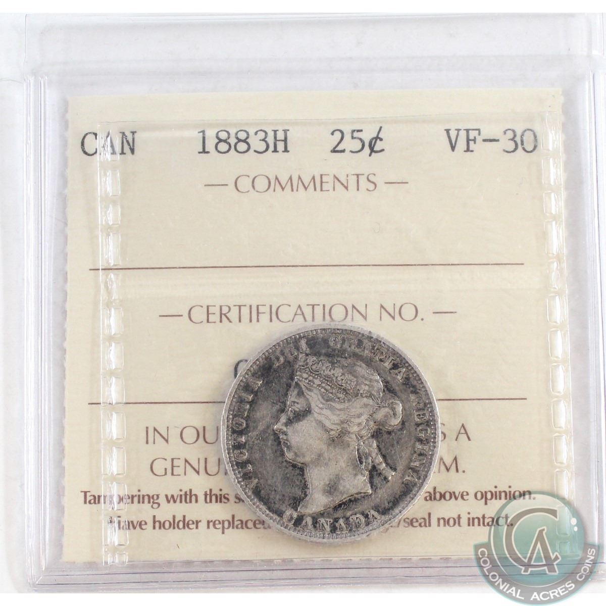 1883H Canada 25-cent ICCS Certified VF-30