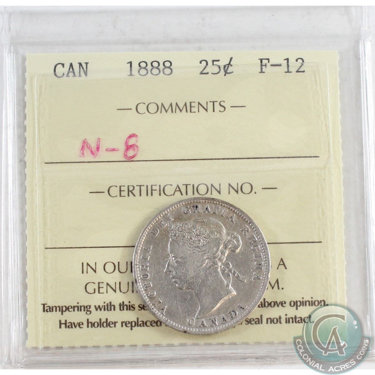 1888 Canada Narrow 8 25-cent ICCS Certified F-12
