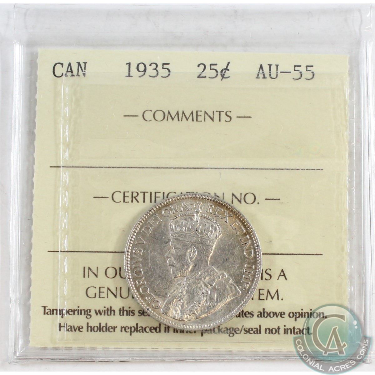 1935 Canada 25-cent ICCS Certified AU-55