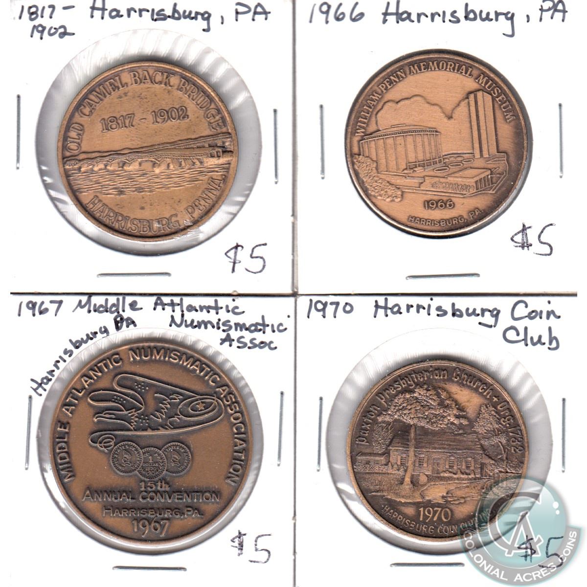 1964, 1966, 1967 & 1970 Harrisburg Coin Club Tokens. 4pcs