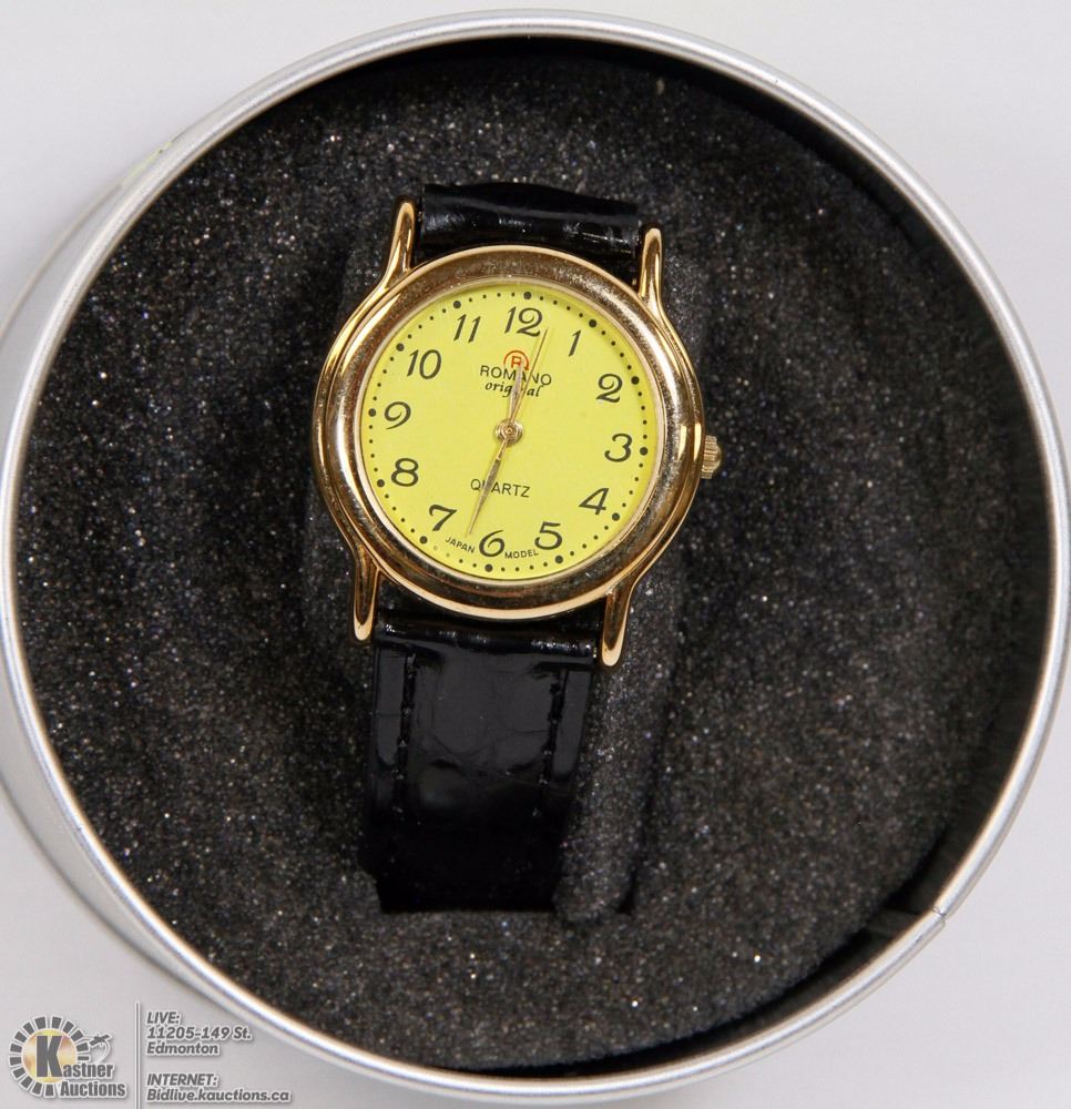 ROMANO YELLOW FACED QUARTZ WATCH W/ BLACK LEATHER