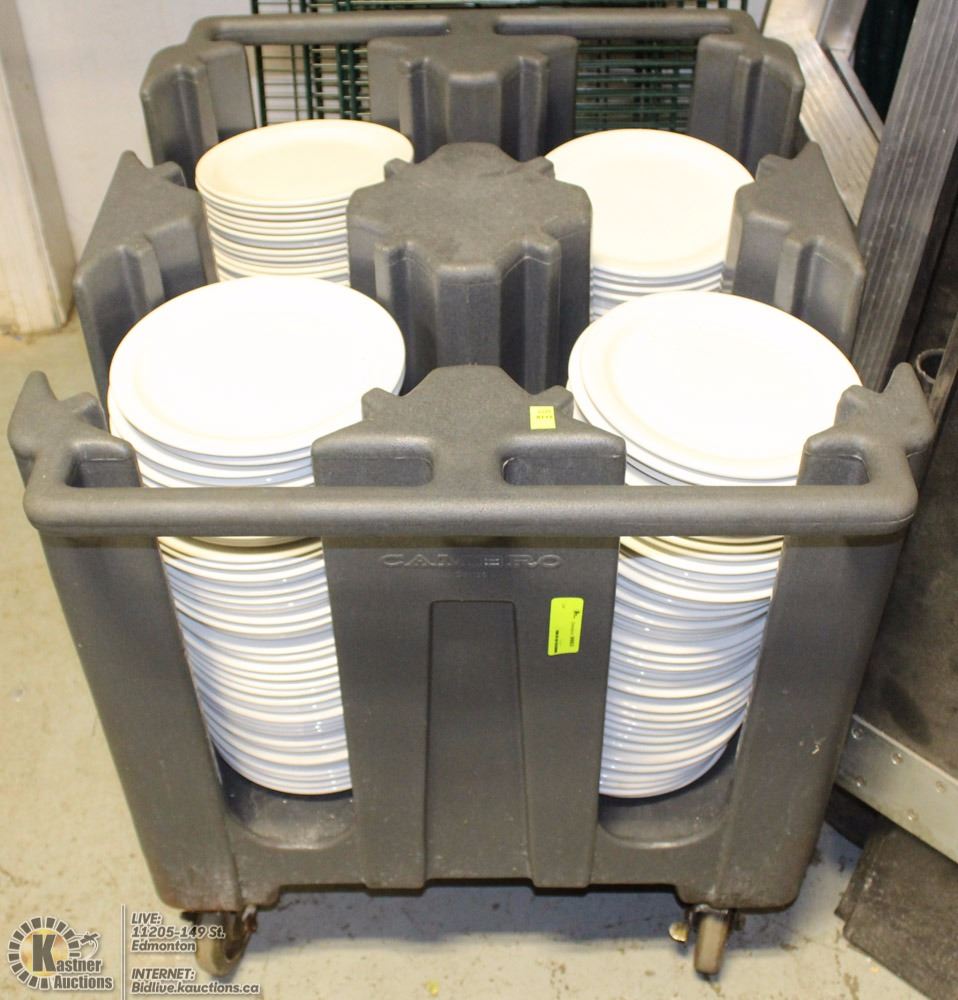 CAMBRO PLATE TROLLEY W/ APPROX 150 PLATES