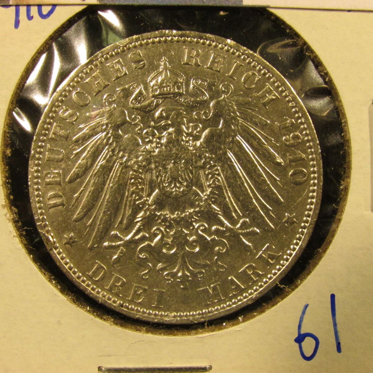 GERMAN STATES/HAMBURG SILVER 3 MARK COIN DATED 1910