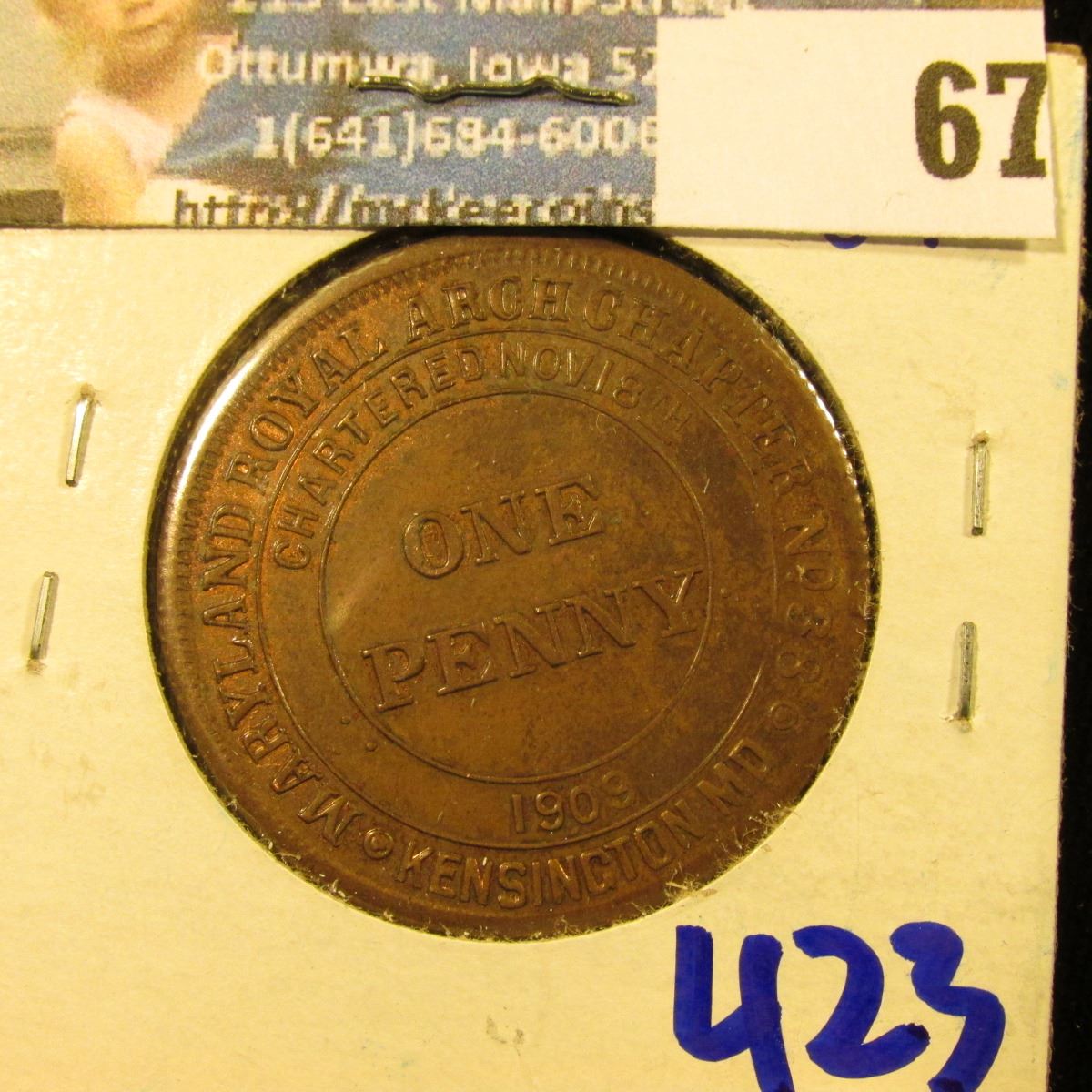 MARYLAND ROYAL ARCH CHAPTER MASONIC TOKEN FOUNDED IN 1909