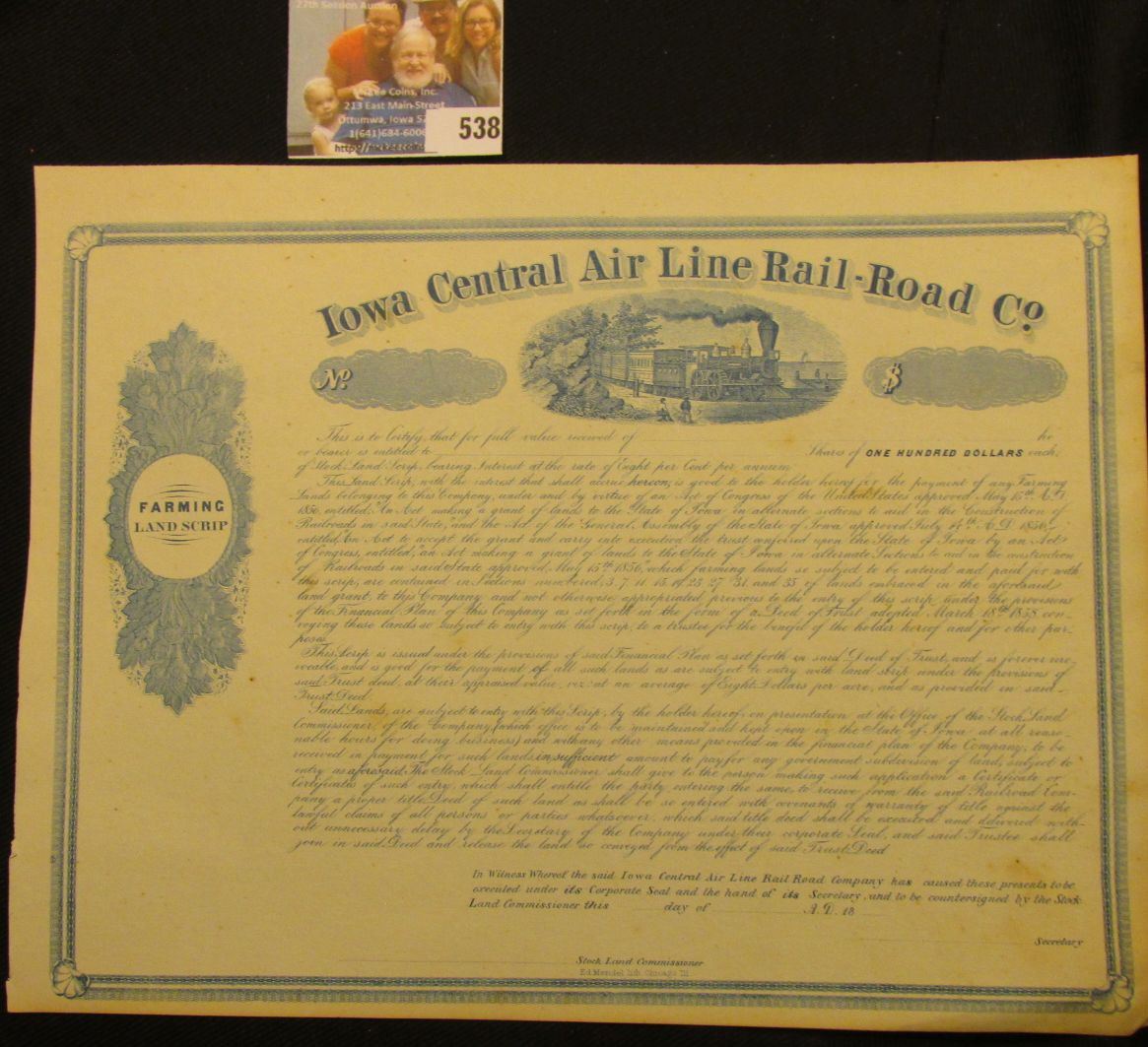 May 15th, 1856 Unissued Stock Certificate "Farming Land Scrip Iowa ...