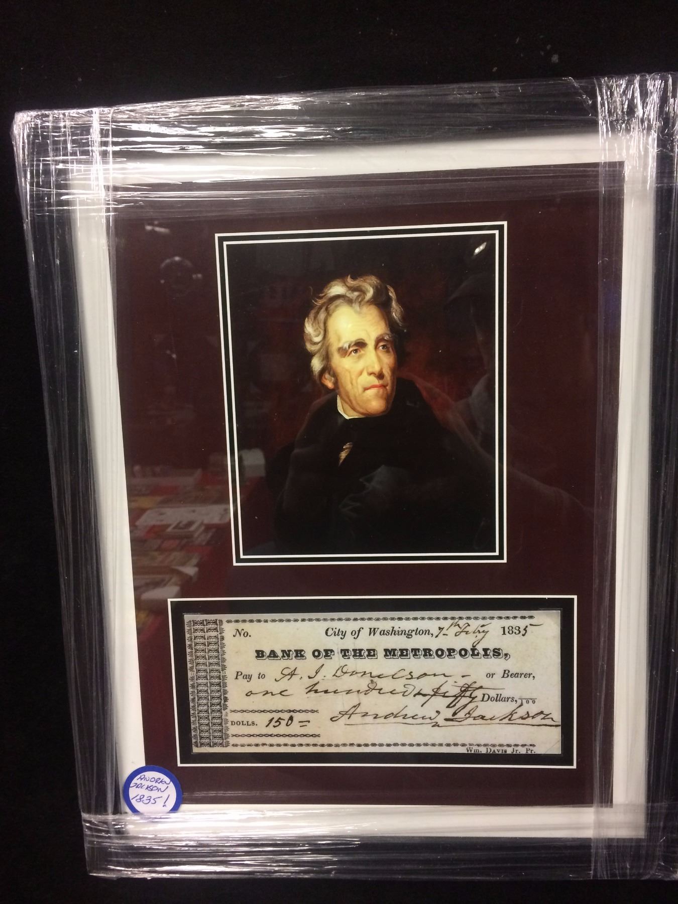 FEAMED ANDREW JACKSON COLLECTIBLE W FACSIMILE CHEQUE 1835
