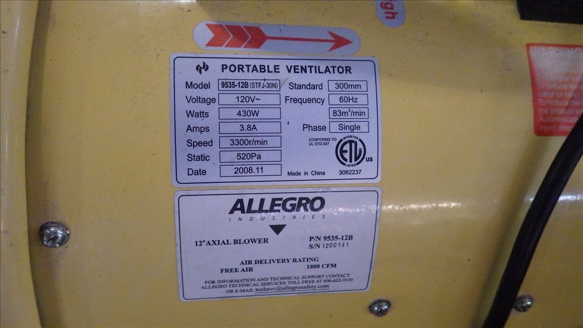 ALLEGRO INDUSTRIES VENTILATOR FAN - 12" MODEL 9535-12B
