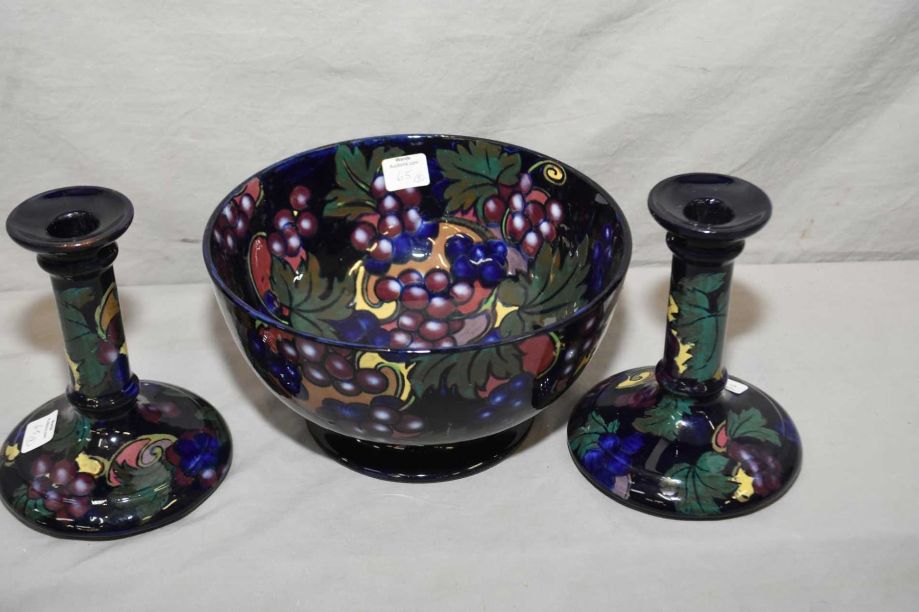 Three pieces of glazed Royal Stanleyware "Jacobean" pottery including a ...