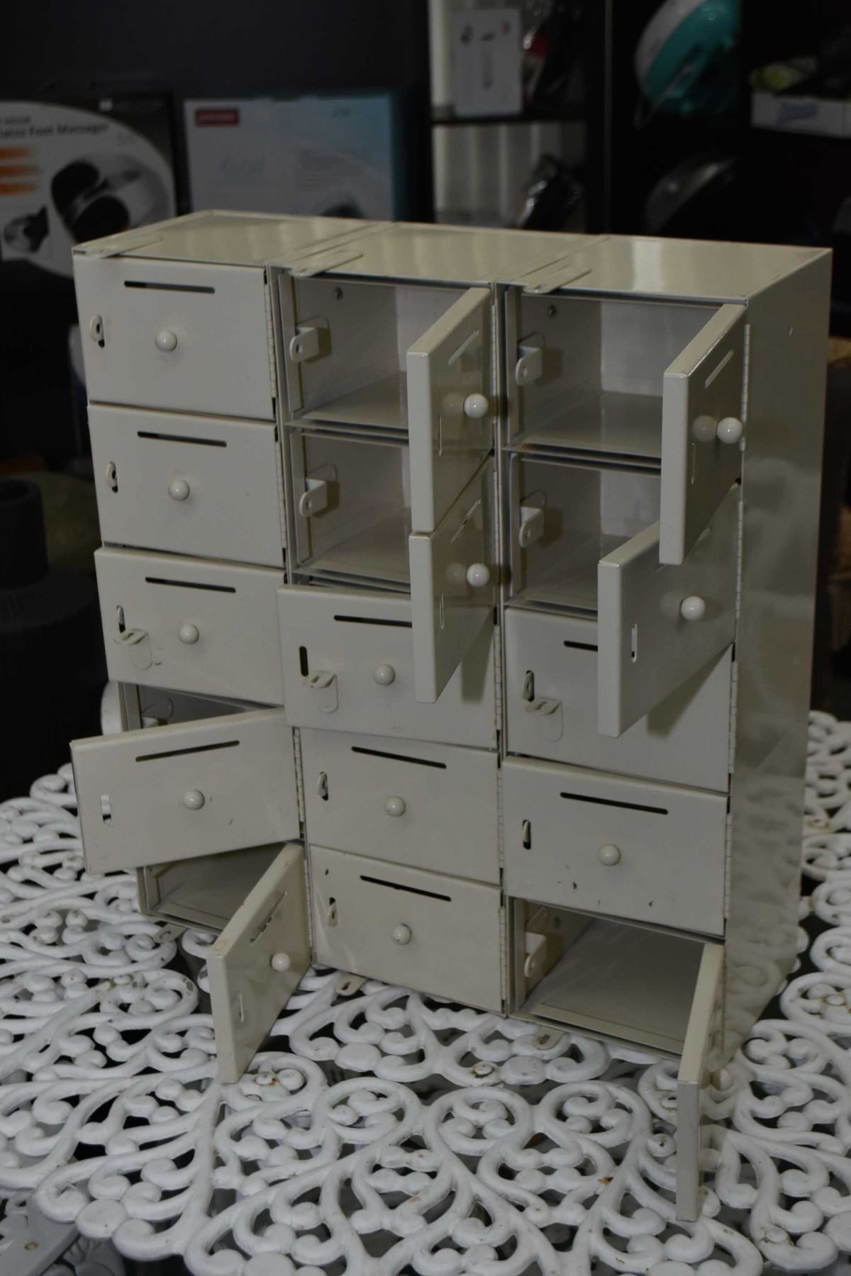 Vintage metal storage unit with 15 lockable cubbies 23" high X 21" wide ...