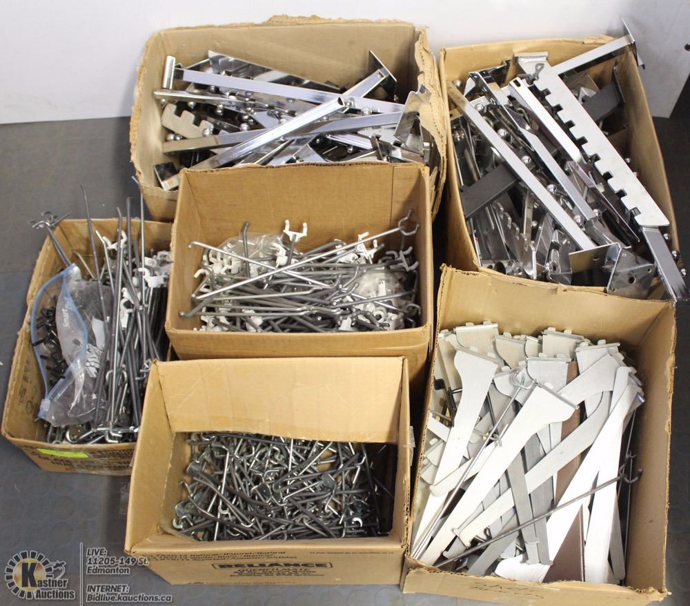 6 BOXES OF STORE PEG HOOKS, CLOTHING RACK