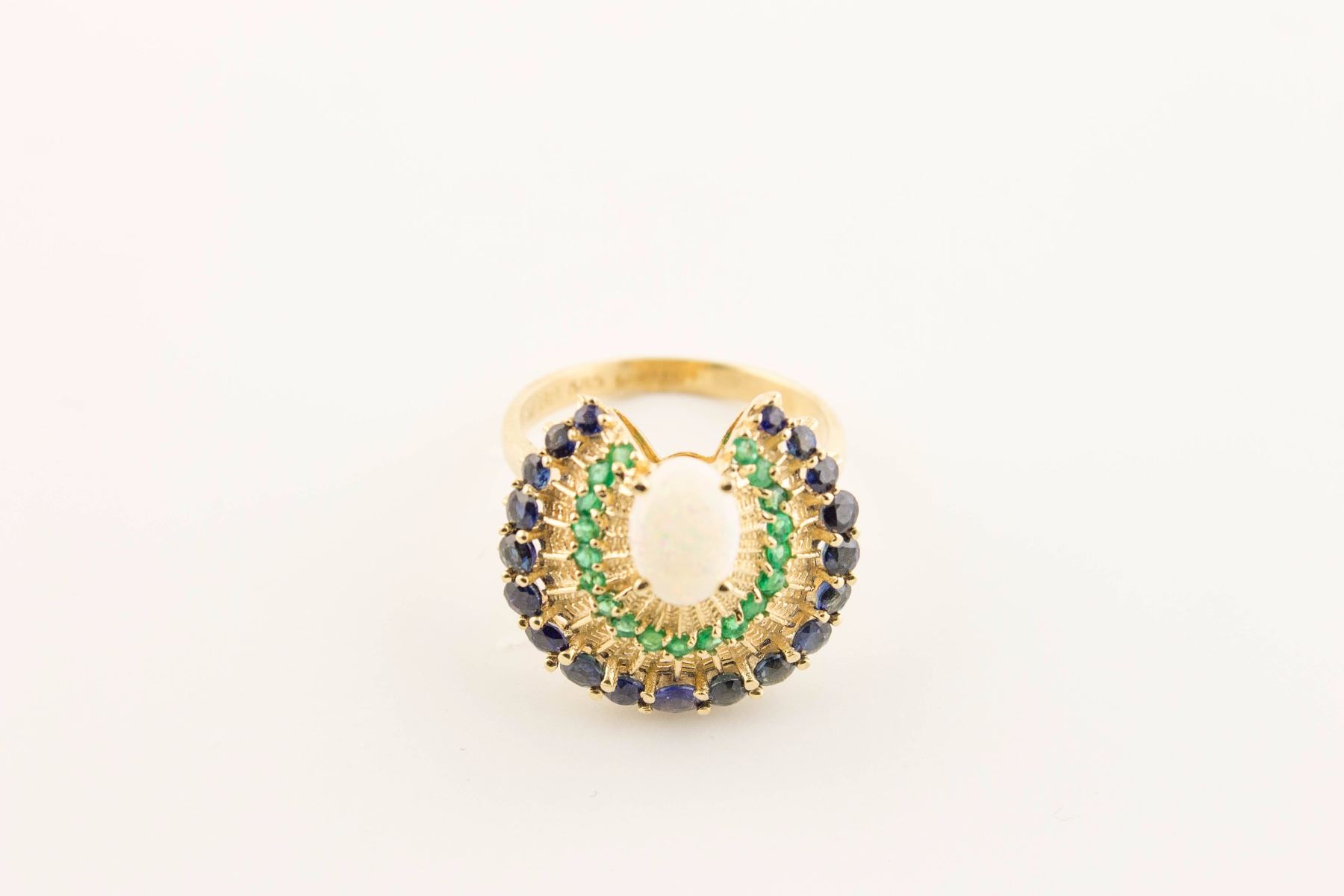 14K Sapphire, Emerald and Opal Ring - Erte Style