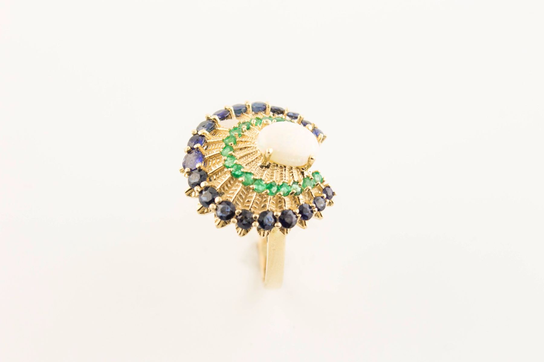 14K Sapphire, Emerald and Opal Ring - Erte Style