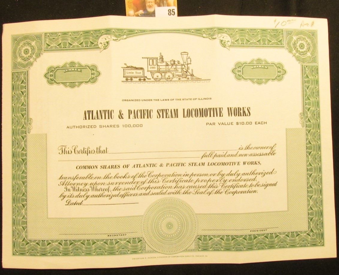 Unissued Stock Certificate "Atlantic & Pacific Steam Locomotive Works ...