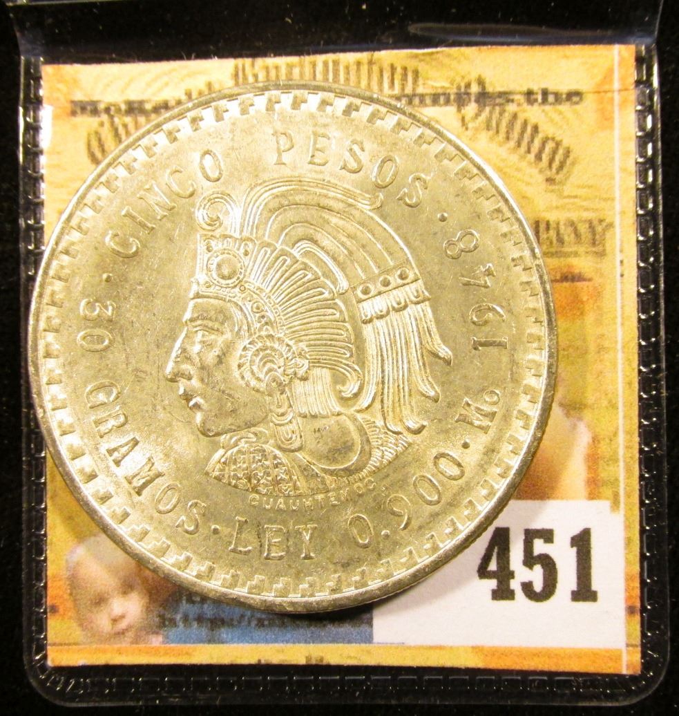 1948 Mexico Silver Cinco 5 Pesos depicting the Aztec Emperor ...