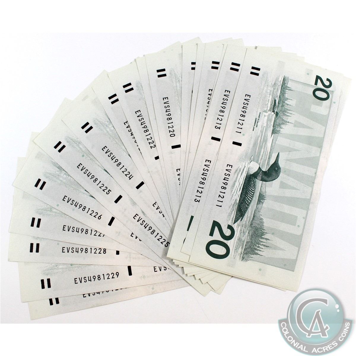 20 x 1991 $20.00 notes with Bonin-Thiessen signatures and consecutive ...