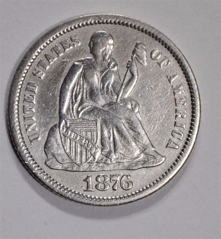 1876-CC SEATED LIBERTY DIME AU