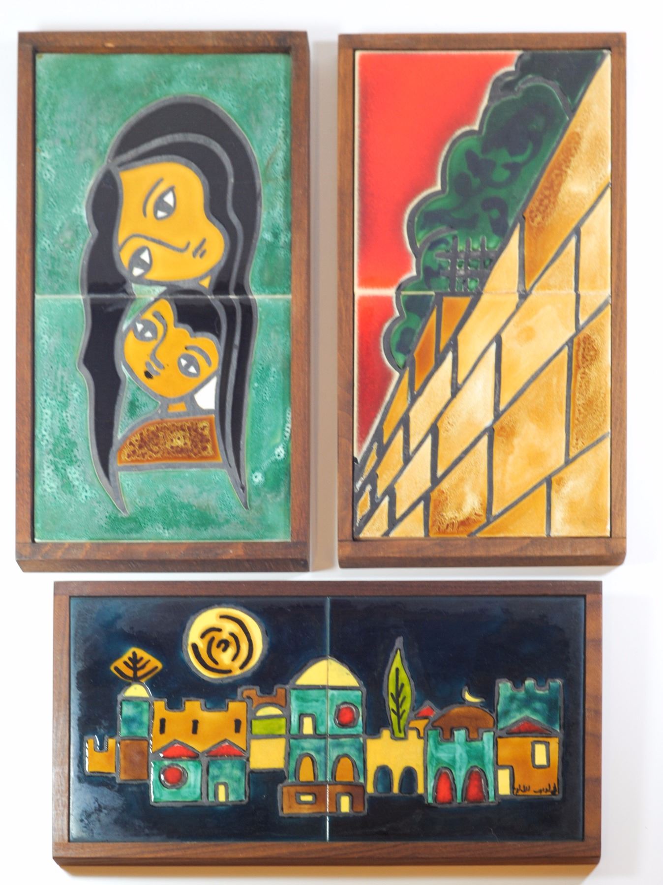 Collection of 3 illustrations on vintage Israeli ceramic tiles