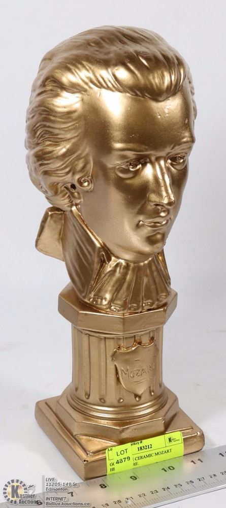 GOLD TONE CERAMIC MOZART HEAD FIGURE.