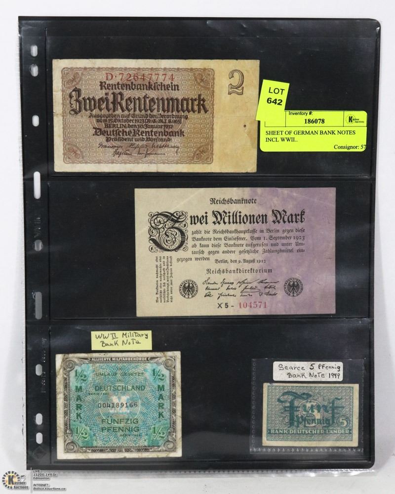 SHEET OF GERMAN BANK NOTES INCL WWII..