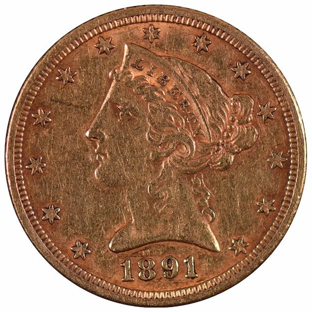 1891 $5 Liberty Head Half Eagle Gold Coin