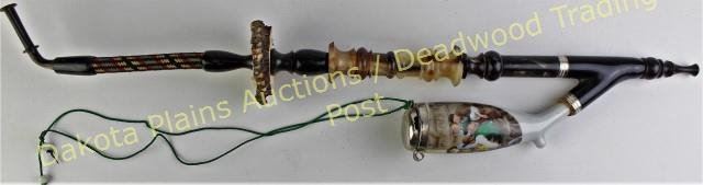 Antique German smoking pipe with decorated porcelain bowl, horn and ...