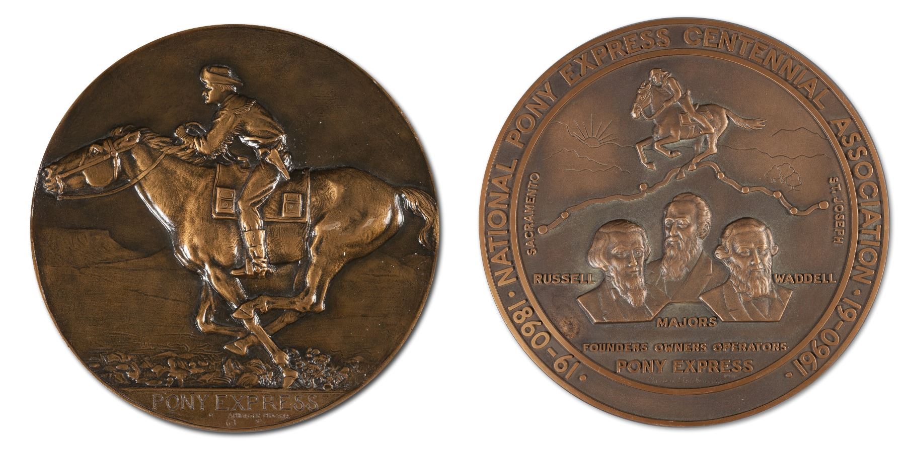 Two Bronze Pony Express Plaques