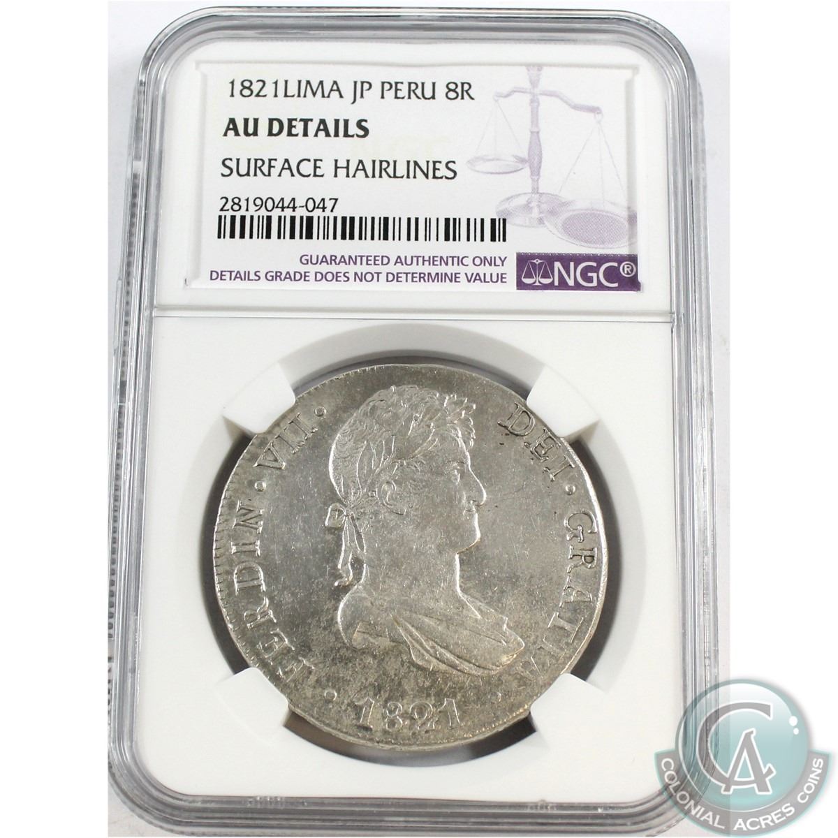 Peru; 1821 Lima 8R NGC Certified AU Details Surface Hairlines