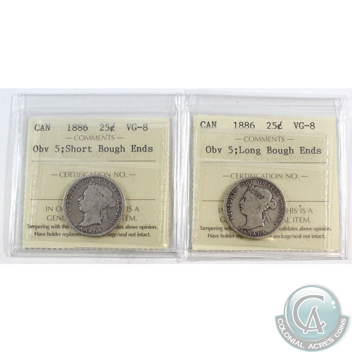 25-cent 1886 Obverse 5 Short Bough Ends & Long Bough Ends ICCS Certified VG-8. 2pcs