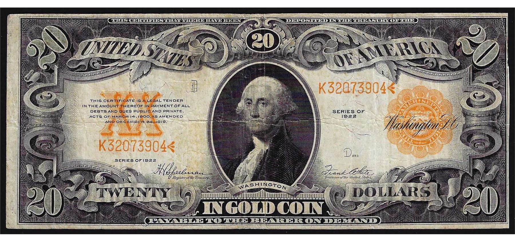 1922 $20 Gold Certificate Note