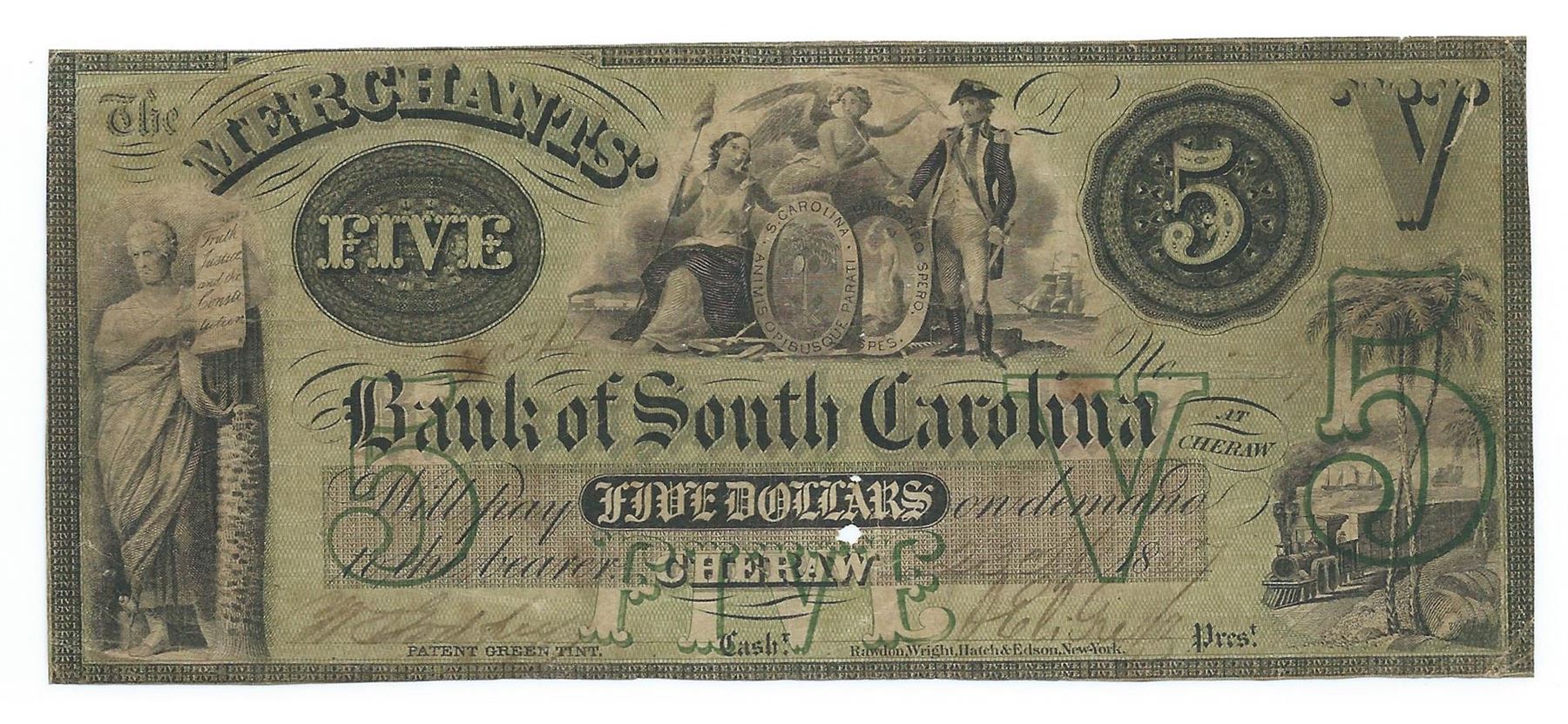 1850's $5 Obsolete Bank Note of Cheraw South Carolina