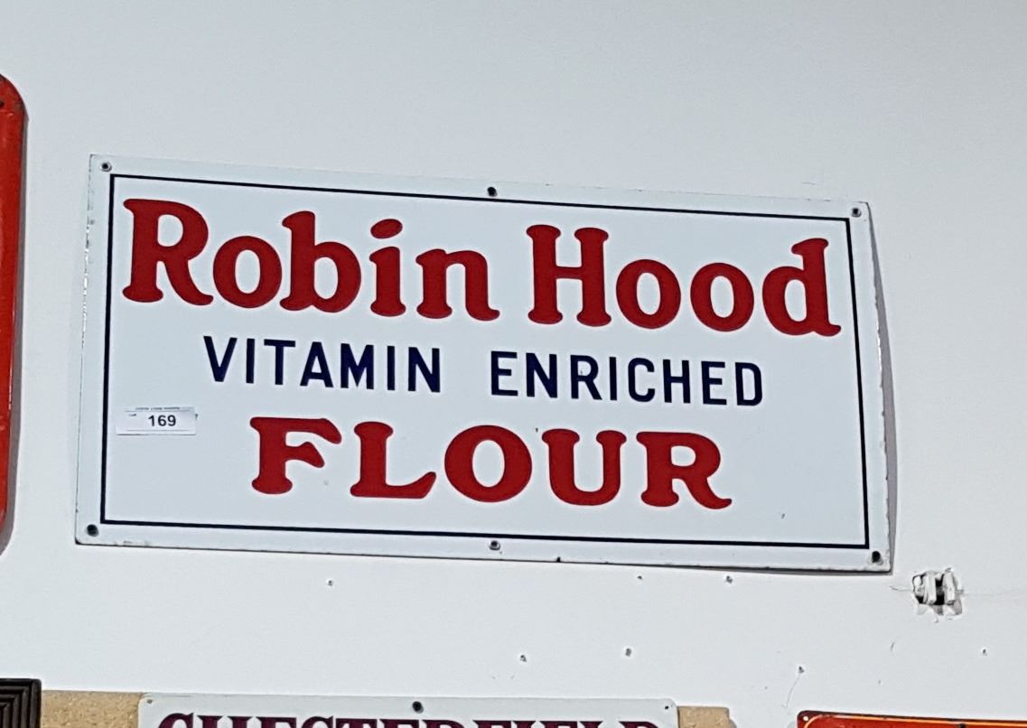 1950'S PORCELAIN ROBIN HOOD FLOUR SIGN