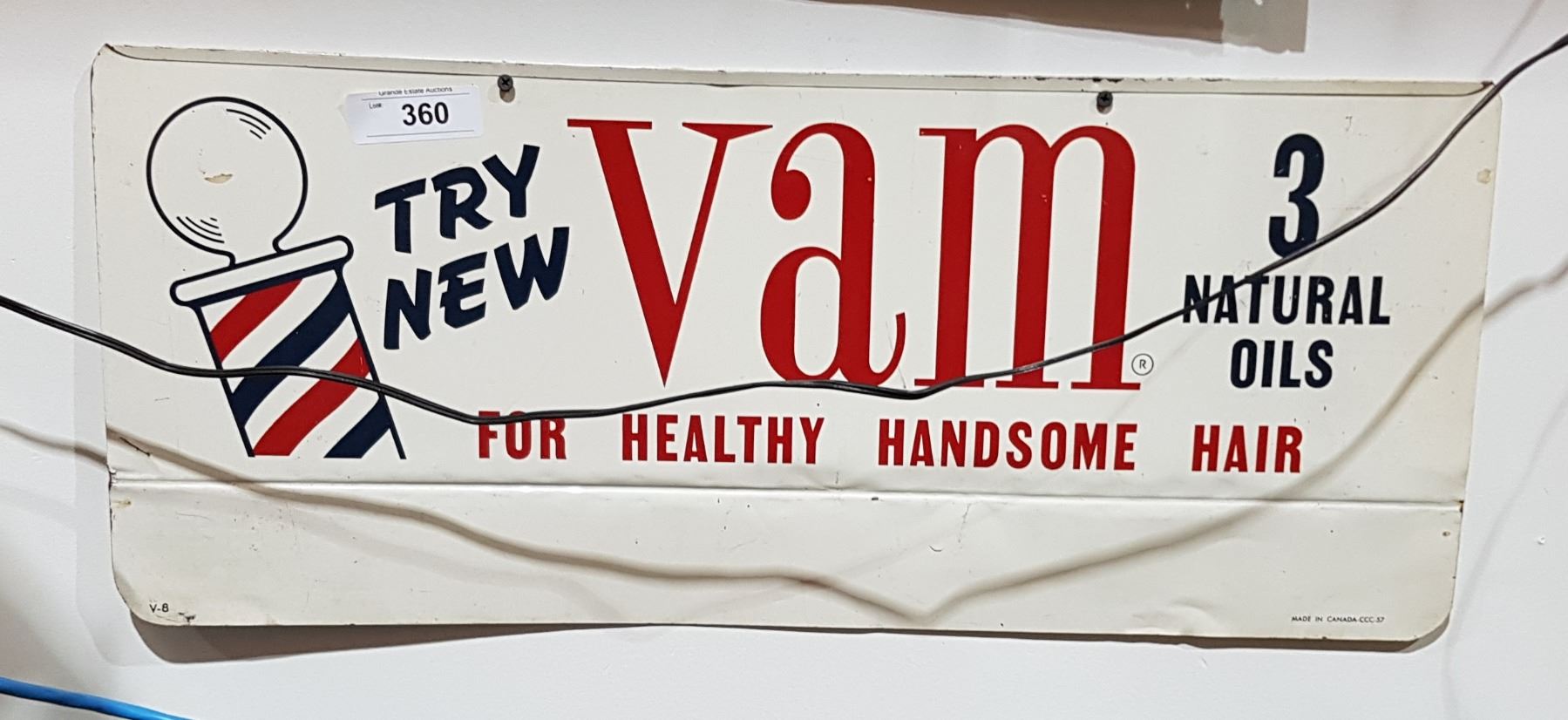 VINTAGE VAM BARBER TIN SIGN DATED 1957 DOUBLE SIDED