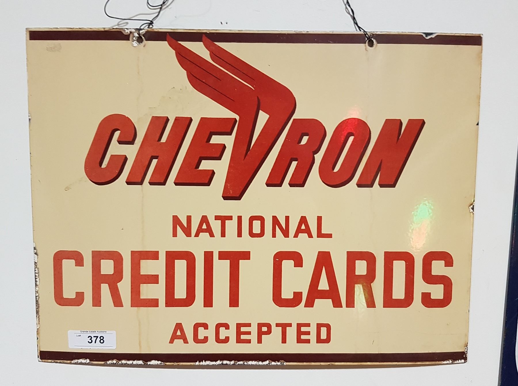 VINTAGE CHEVRON CREDIT CARD PORCELAIN SIGN DOUBLE SIDED