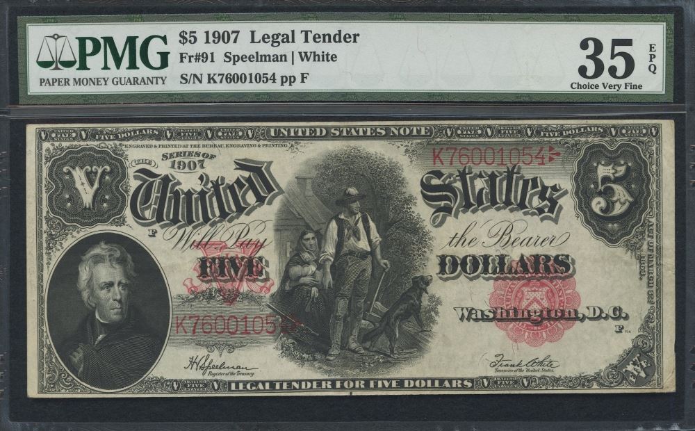 1907 $5 Five Dollars Legal Tender Large Size Bank Note Bill (PMG 35) (EPQ)