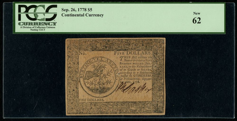 1778 Continental Currency $5 Five-Dollar Colonial Currency Note ...