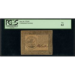 1778 Continental Currency $5 Five-Dollar Colonial Currency Note ...