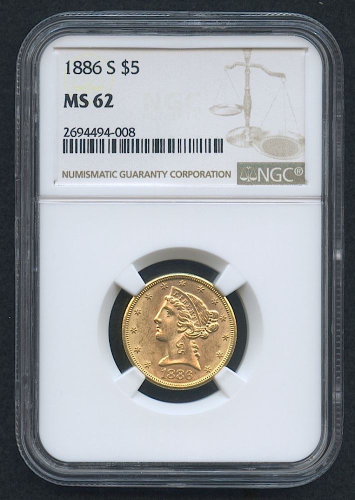 1886-S $5 Liberty Head Half Eagle Gold Coin (NGC MS 62)