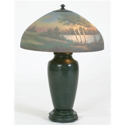 Jefferson Reverse Painted Lamp, orig. patina, exc., 18" shade