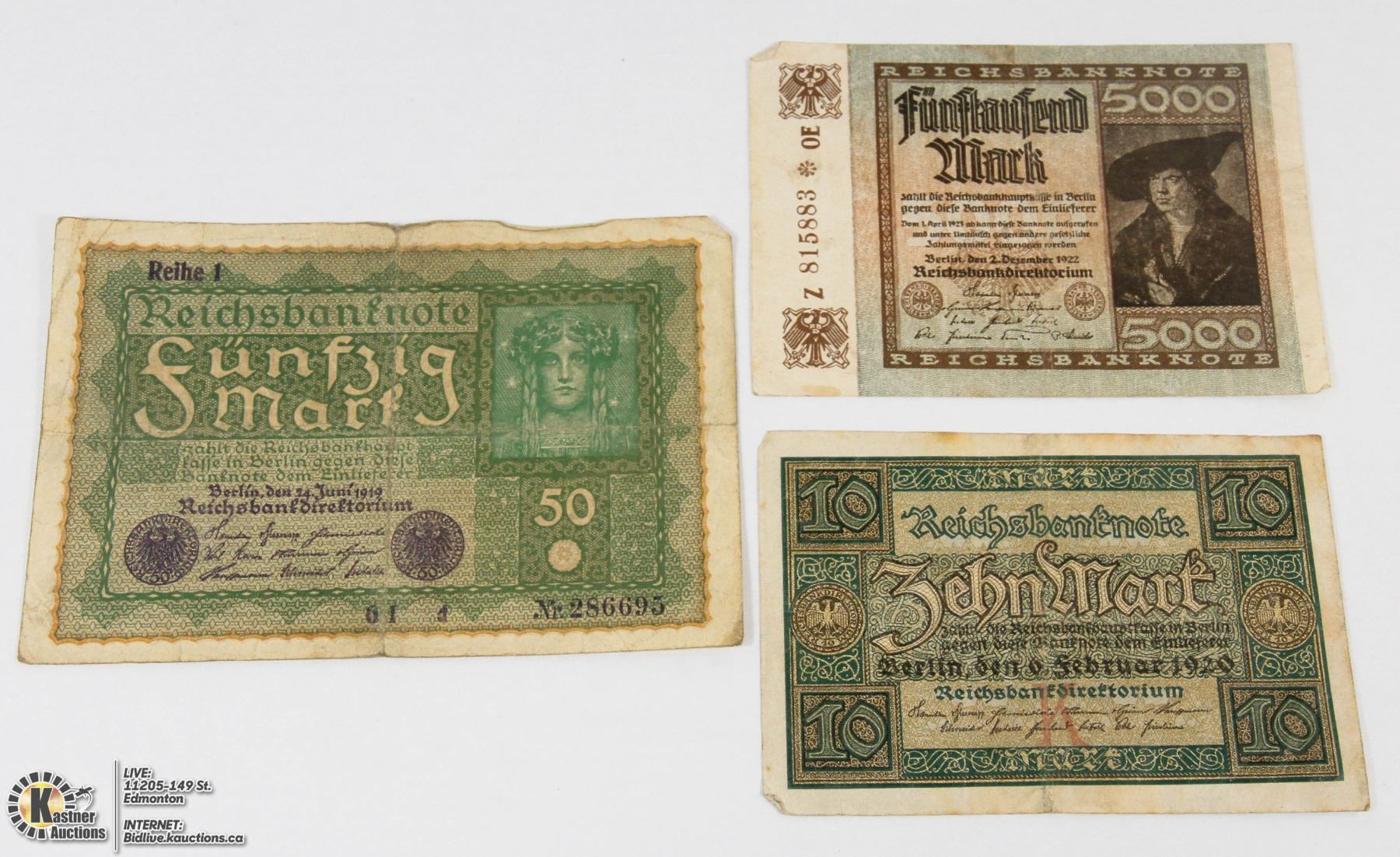 3 GERMAN BANKNOTES - 10 MARKS 1920, 5000 MARKS