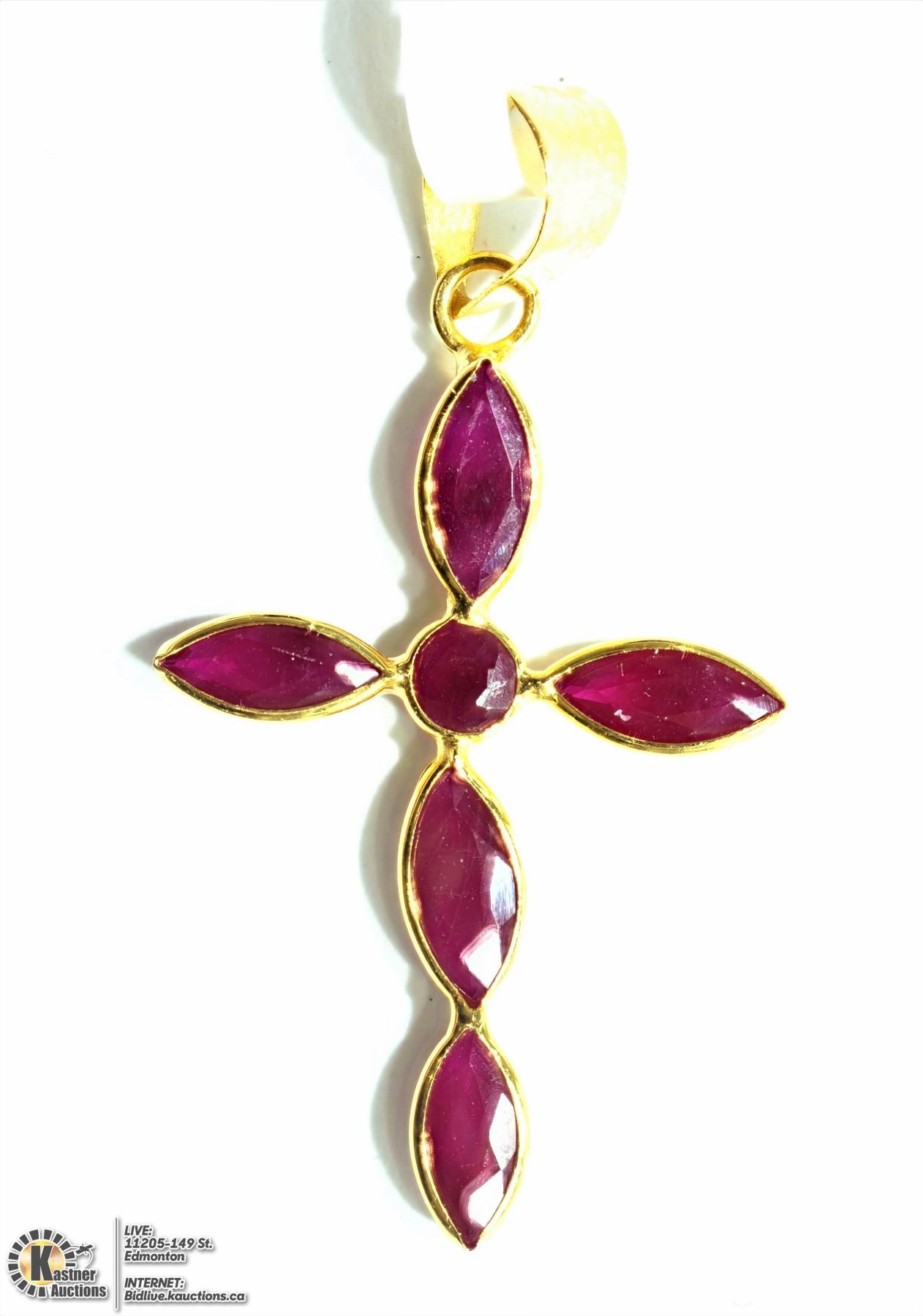 9) 18K YELLOW GOLD RUBY CROSS PENDANT
