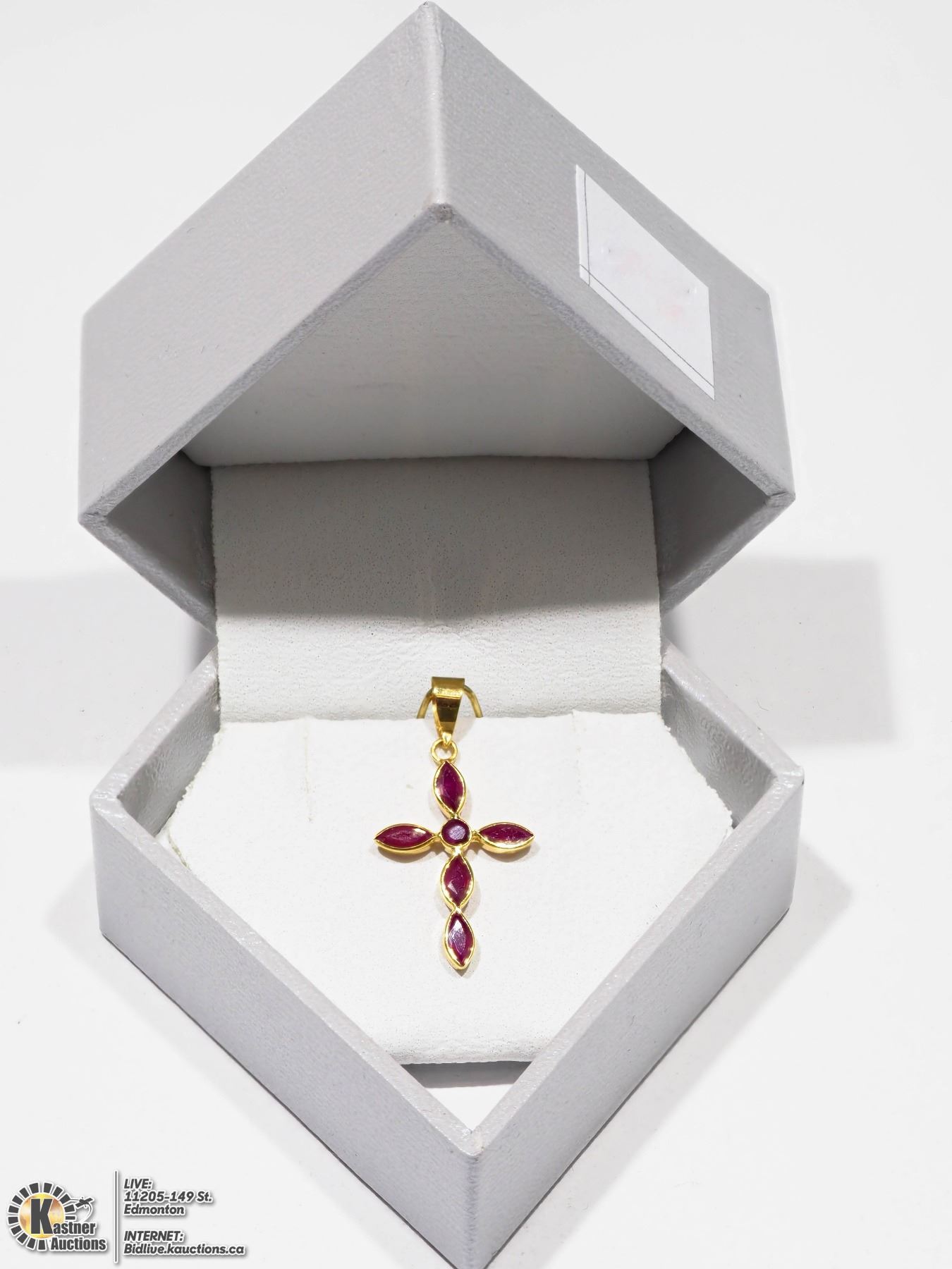 9) 18K YELLOW GOLD RUBY CROSS PENDANT