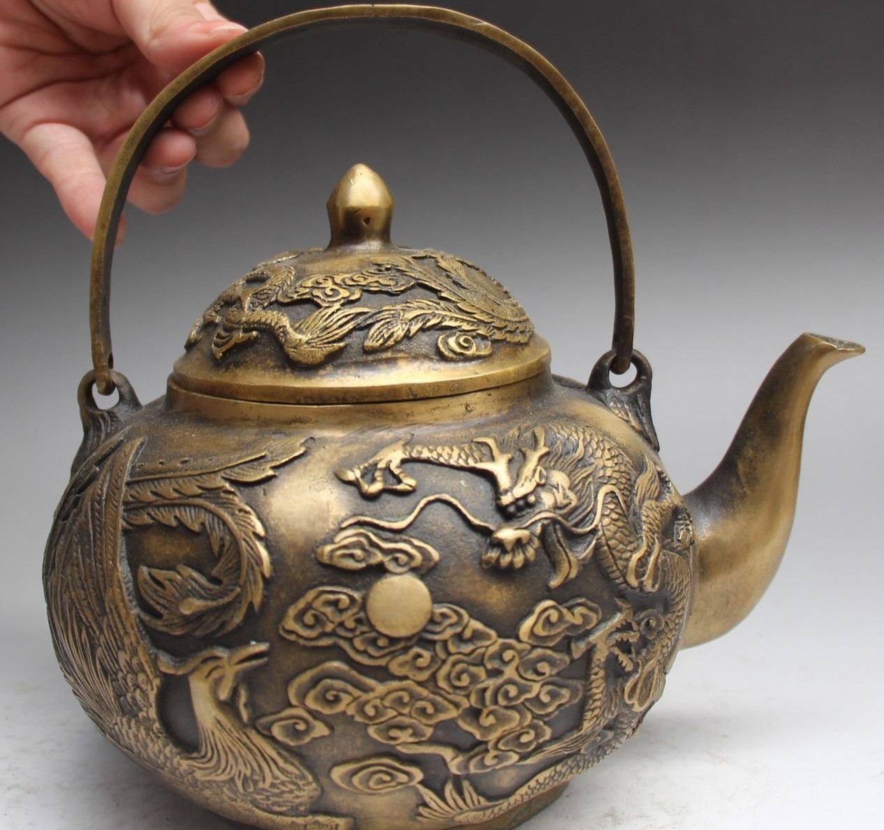 Antique Chinese Fengshui Bronze Dragon Phoenix Tea Pot