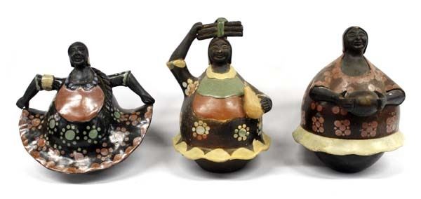 3 Peruvian Chulucanas Folk Art Pottery Women