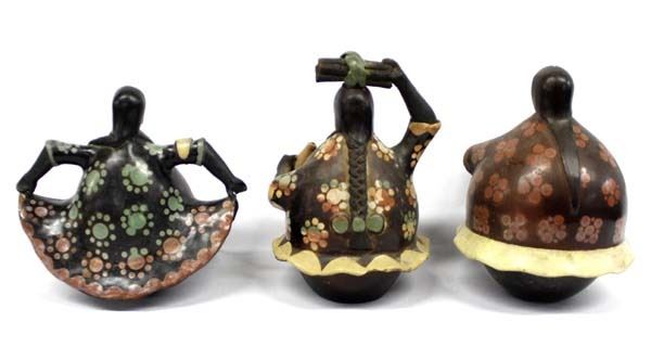 3 Peruvian Chulucanas Folk Art Pottery Women