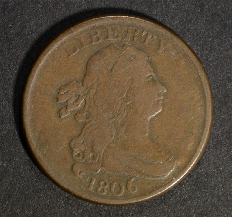 1806 LARGE “6” NO STEMS DRAPED BUST HALF CENT, VF