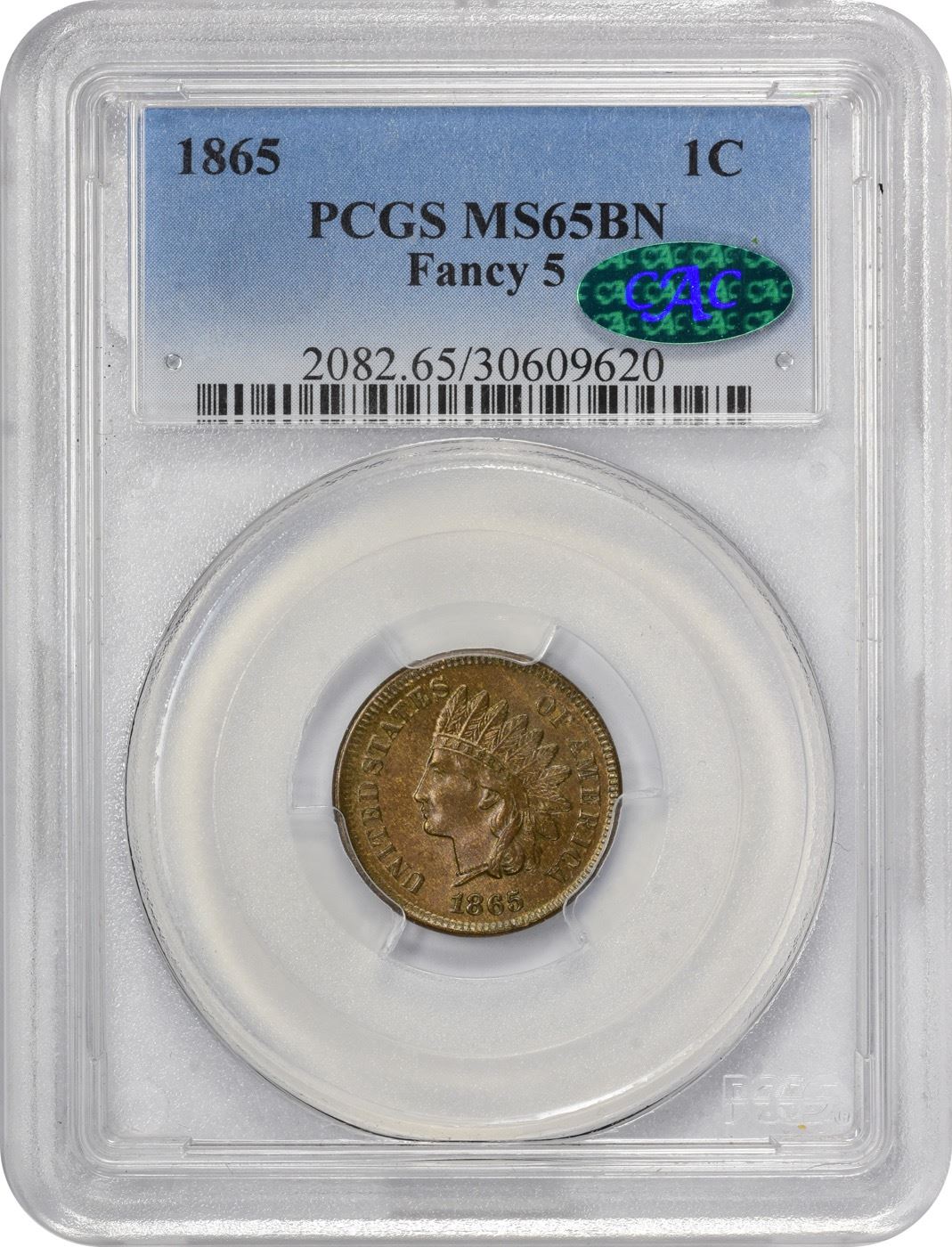 Gem Uncirculated 1865 Indian Cent 1865 Indian Cent Fancy 5. MS-65 BN PCGS. CAC.
